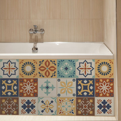 Walplus Jama Brown and Blue Moroccan Peel and Stick Wall Tiles Sticker ...
