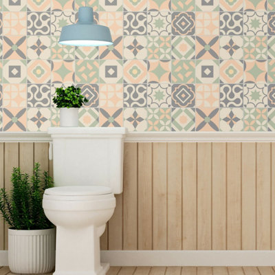 Walplus Kansas Rose and Pastel Green Peel and Stick Wall Tiles Stickers ...