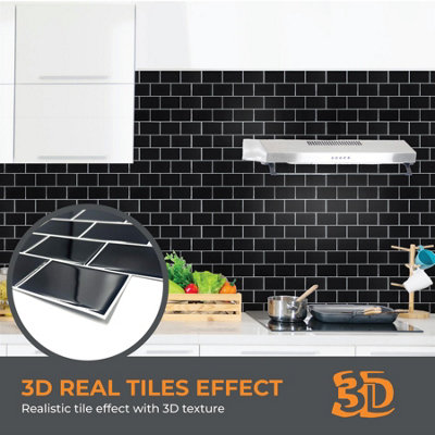 Walplus London Metro Classic Brick Pure Black Glossy 3D Tile 30.5 x 30 ...