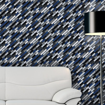 Walplus Lux Touch Grey And Blue Marble Long Mosaic Wall 2D Tile Stickers 11.2 x 5.5 inches / 28. ...