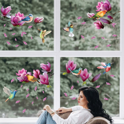 Walplus Pink Magnolia Flowers with Birds Spring Window Clings Double ...