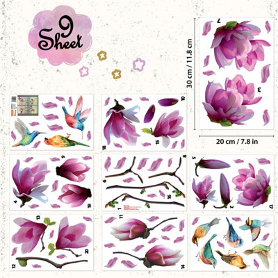 Walplus Pink Magnolia Flowers with Birds Spring Window Clings Double ...