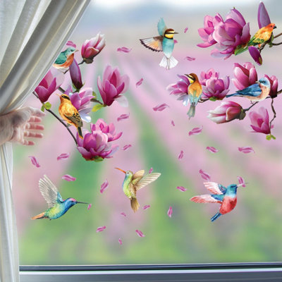 Walplus Pink Magnolia Flowers with Birds Spring Window Clings Double ...