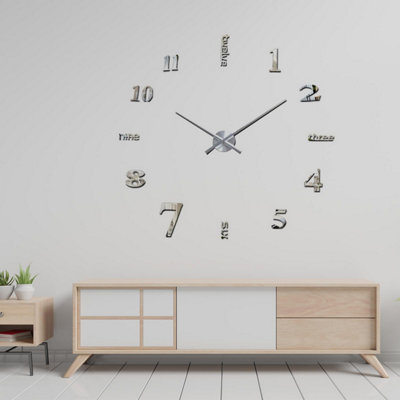 Walplus Silver Frameless 3D Giant Wall Clock - Stick-On Wall Clock for ...