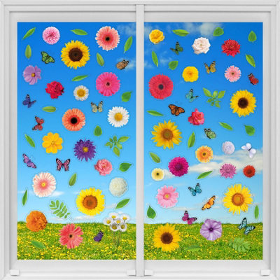 Walplus Summer Bouquet With Butterflies Spring Window Clings Double-Sided Window Stickers for ...