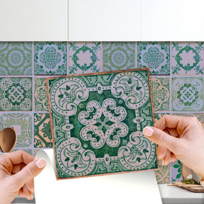 Walplus Vintage Green Antique Azulejo Peel and Stick Wall Tiles Sticker ...