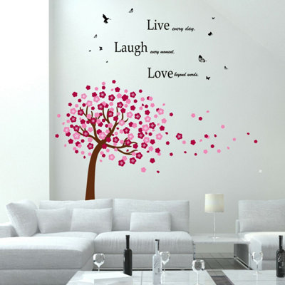 Walplus Wall Sticker Huge Pink Tree with Classic Live Laugh Love Quote ...