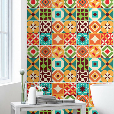 Walplus Ziggy Colourful Retro Glossy Peel and Stick Wall Tiles Sticker ...
