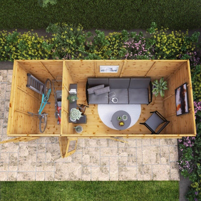 Waltons 14 x 6 Wooden Summerhouse with Side Shed Double Doors Tongue ...