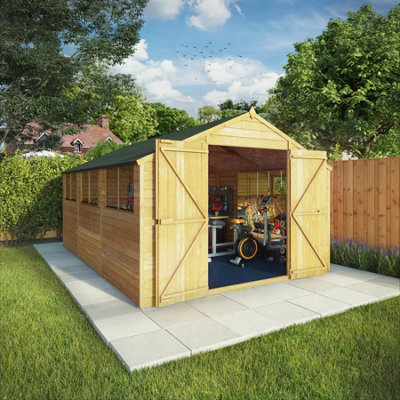 Waltons 15x10 Wooden Workshop Shed Overlap Apex Double Door Garden ...
