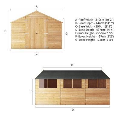 Waltons 15x10 Wooden Workshop Shed Overlap Apex Double Door Garden ...