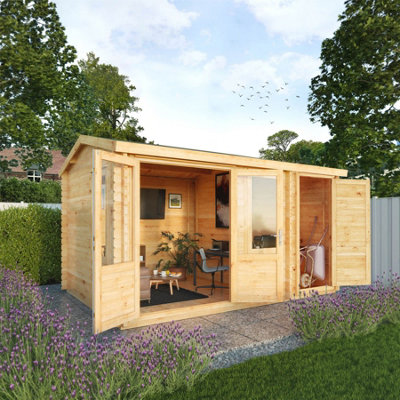 Waltons 4.1m x 3m Wooden Home Office 28mm Log Cabin with Side Shed ...