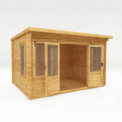 Waltons 4m x 3m Wooden Log Cabin Pent Roof Double Doors Opening Windows ...