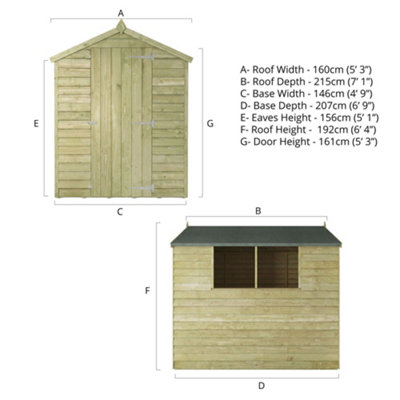 Waltons 7x5 Overlap Apex Garden Storage Shed Windows Single Door 7ft x 5ft