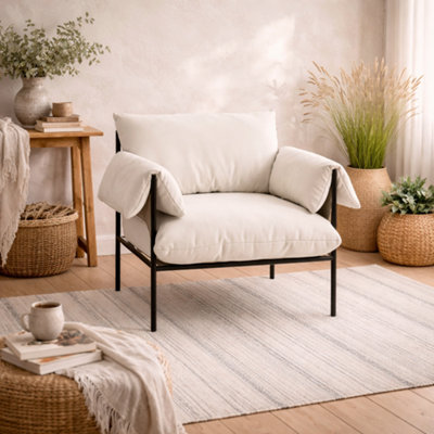 Wardour Armchair - White Houseweave Fabric, Matt Black Metal Legs