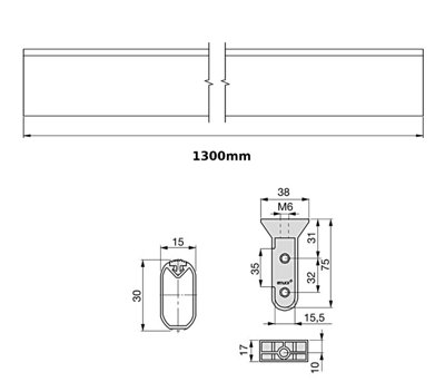 Wardrobe Rail Oval Aluminium Hanging with End Support - Size 1300mm