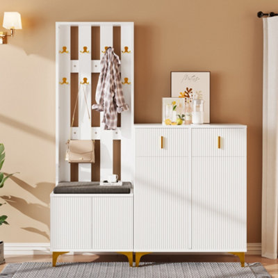 Wardrobe Set with Shoe Bench and Cushion, Wardrobe Front with Hooks ...