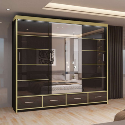 Wardrobe with LED Light Modern High Gloss Sliding Wardrobe - Bedroom ...