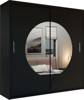 Wardrobe with LED Light, Modern Sliding Door with Round Mirror Design ...