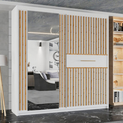 Wardrobe with LED Light Modern Sliding Wardrobe with Oak Striped Door ...