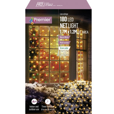 Warm White Christmas Window Net Lights 180 LED 1.7M x 1.2M Multi Action ...