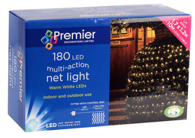 Warm White Christmas Window Net Lights 180 LED 1.7M x 1.2M Multi Action ...