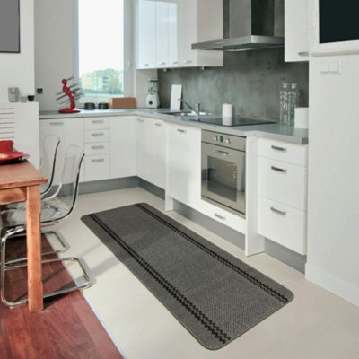 Washable Designer Rugs & Mats Lined Bordered Design in Dark Grey 116D