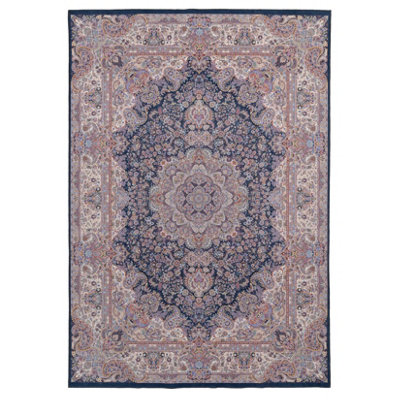 Washable Non-Slip Navy Traditional Fireside Rug 80cm x 150cm