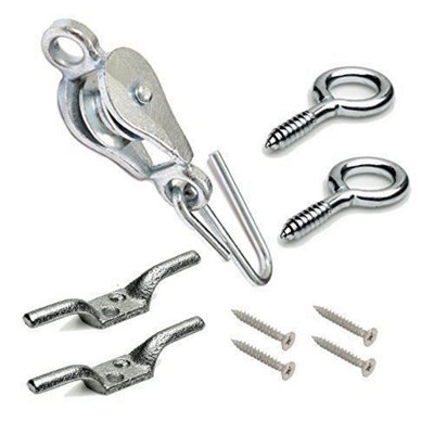 Washing Line Pulley Kit with Screw Eyes & Cleat Hooks - Smooth Lifting ...