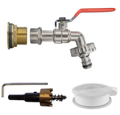 Water Butt Replacement Tap + Drill Bit BRASS 3/4" Metal Lever Bib ...