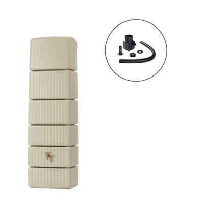 Water Butt Tank Tall & Slim Beige & Downpipe Diverter 330L