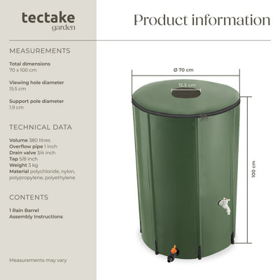 Water Butt - tap and overflow protection, foldable and portable - 380 L