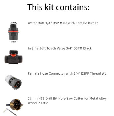 Water Butt Valve Connector Kit Valve Drill Bit Set Rainwater Tank 3/4 ...