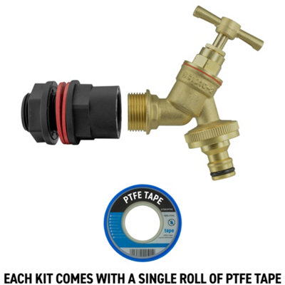 water butt/water storage tank outlet adaptor +brass bib tap +ptfe tape ...