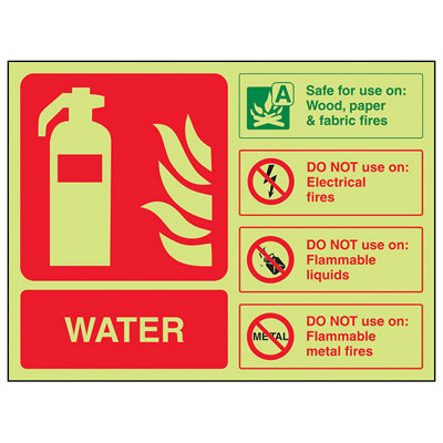 WATER Fire Extinguisher Safety Sign - Glow in Dark - 200x150mm (x3 ...