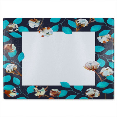 Watercolour Blue Leaf Frame Glass Chopping Board