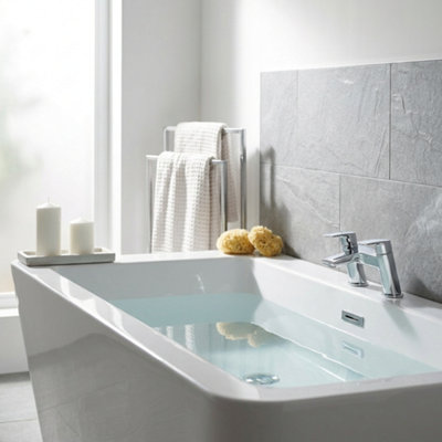 Waterfall Bath Filler Chrome - Modern Twin Lever Tap, Solid Brass Body ...