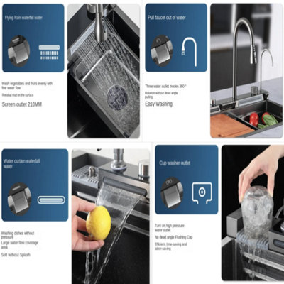 Waterfall Kitchen Sink Black with Piano 5 Buttons LED Digital Display ...
