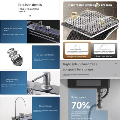 Waterfall Kitchen Sink Black with Piano 5 Buttons LED Digital Display ...