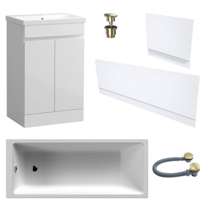 Waterproof 600mm Vanity Unit with Single Ended Bath Gloss White Panel ...