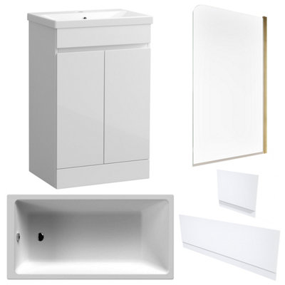 Waterproof 600mm Vanity Unit with Single Ended Bath, Gloss White Panels ...
