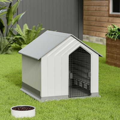 Waterproof Plastic Grey White Dog House Pet Kennel with Door, 62cm W x ...