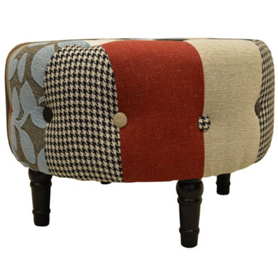 Watsons Plush Patchwork Round Pouffe Padded Footstool With Wood Legs ...
