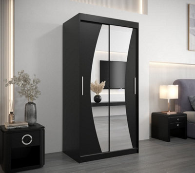 Wave Contemporary 2 Mirrored Sliding Door Wardrobe 5 Shelves 2 Rails Black Matt (H)2000mm (W ...
