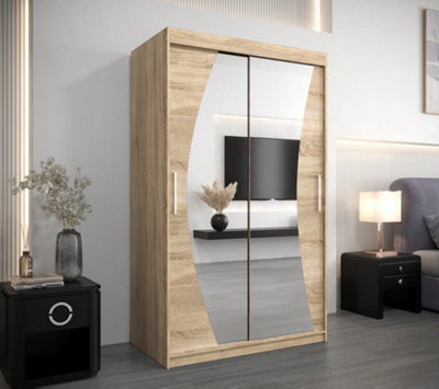 Wave Contemporary 2 Mirrored Sliding Door Wardrobe 5 Shelves 2 Rails Oak Sonoma Effect (H)2000mm ...