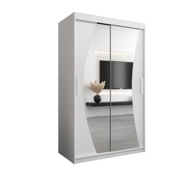 Wave Contemporary 2 Mirrored Sliding Door Wardrobe 5 Shelves 2 Rails ...