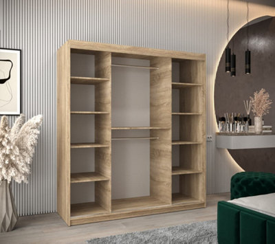 Wave Contemporary 2 Mirrored Sliding Door Wardrobe 9 Shelves 2 Rails ...