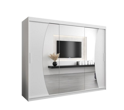 Wave Contemporary 3 Mirrored Sliding Door Wardrobe 9 Shelves 2 Rails White Matt (H)2000mm (W ...