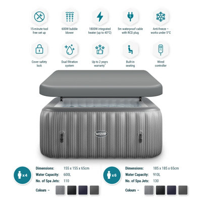 Wave Pacific 6-Person Inflatable Hot Tub Integrated Heater Grey Rattan