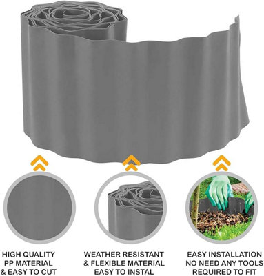 Wavy Plastic Garden Lawn Edging, H-15CM, L-9M, Grey